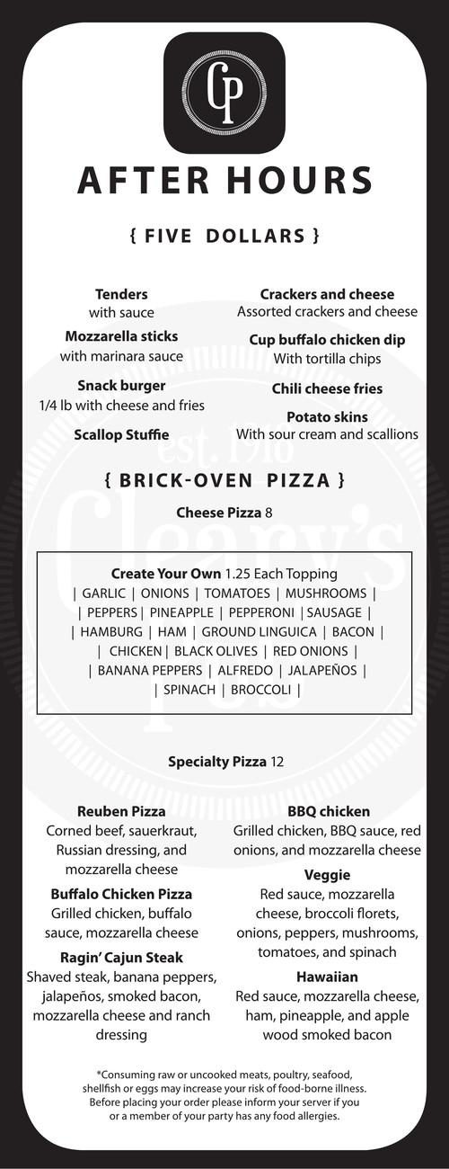 Cleary's Pub menu in Fairhaven, Massachusetts, USA