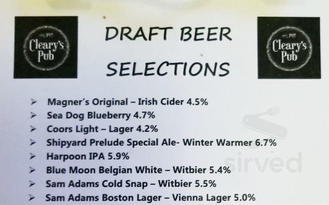 Cleary's Pub menu in Fairhaven, Massachusetts, USA
