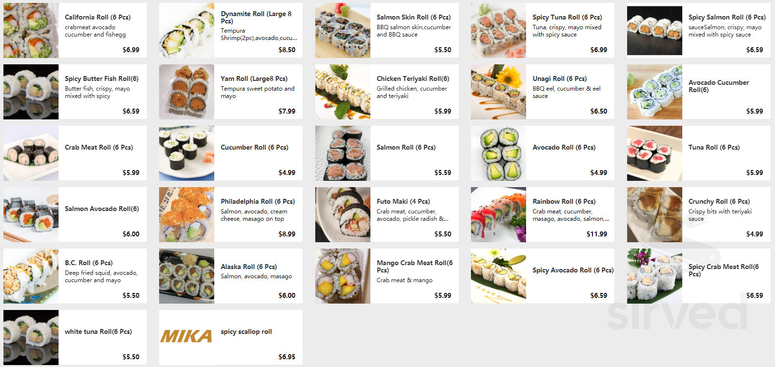 Mika Sushi menus in Oakville, Ontario, Canada