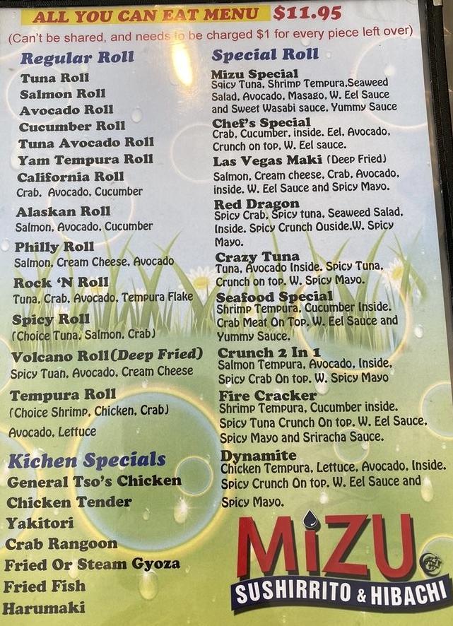 Menu - Tallahassee FL's Mizu Sushirrito & Hibachi | Sirved