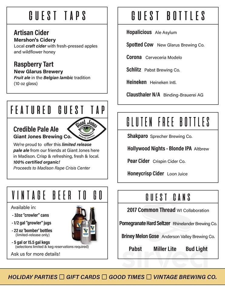 Menu for Vintage Brewing Co. Madison in Madison, WI | Sirved