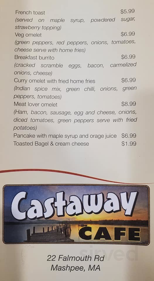 Castaway Cafe menu in Mashpee, Massachusetts, USA