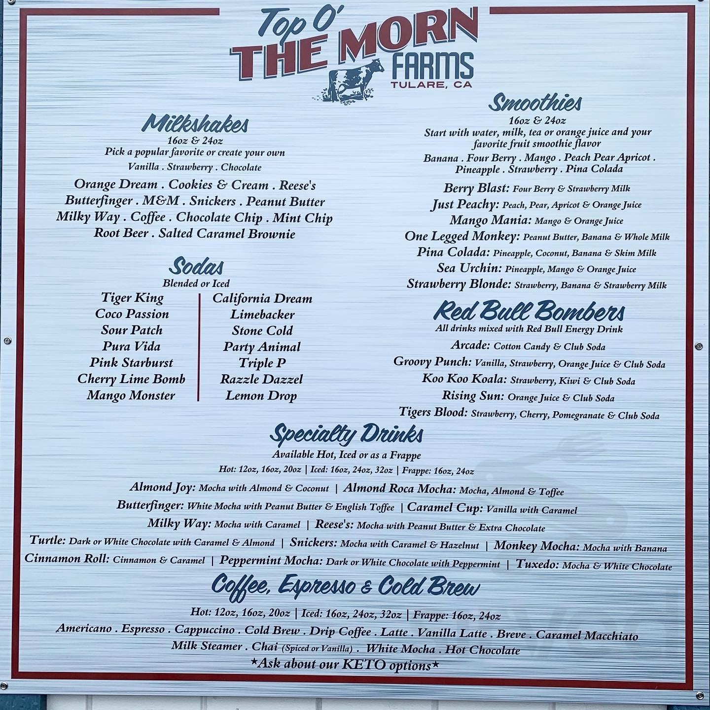 Menu - Tulare CA's Top O'The Morn Farms-Drive | Sirved