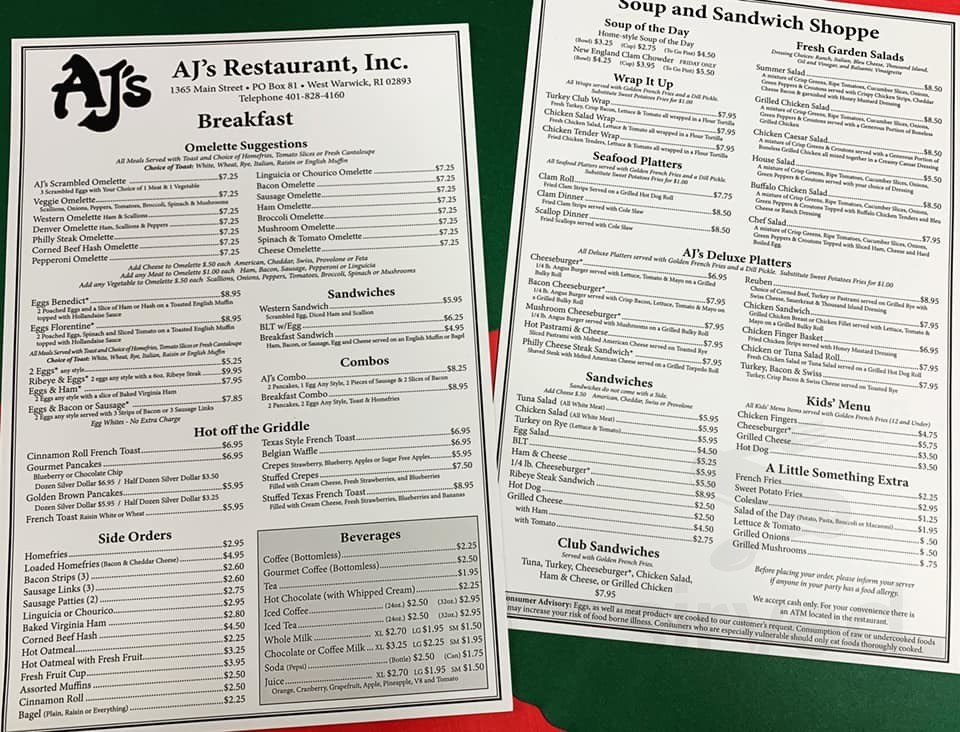 Menu for AJ's in West Warwick, RI | Sirved