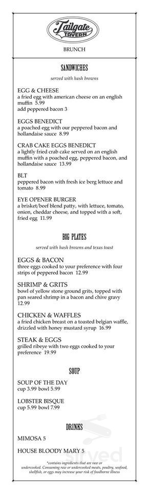 Tailgate Tavern menu in Aiken, South Carolina, USA