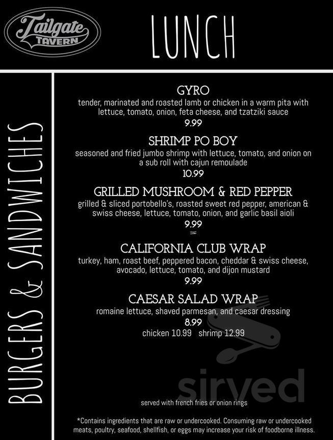 Tailgate Tavern menu in Aiken, South Carolina, USA
