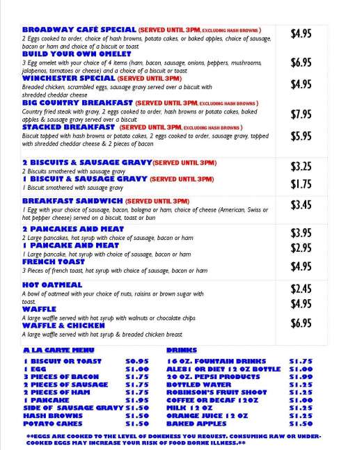 Broadway Cafe menu in Winchester, Kentucky, USA