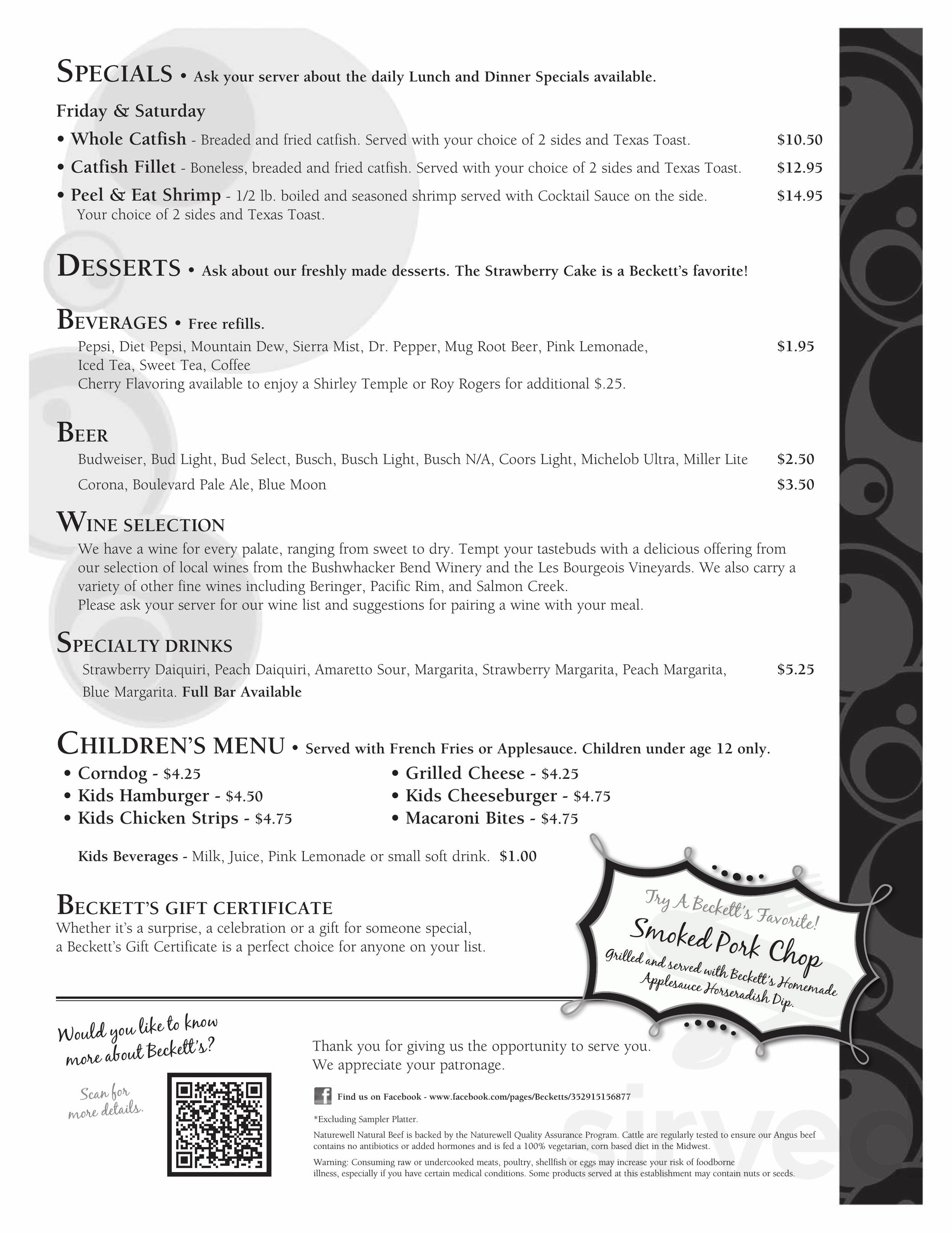 Beckett's menu in Glasgow, Missouri, USA