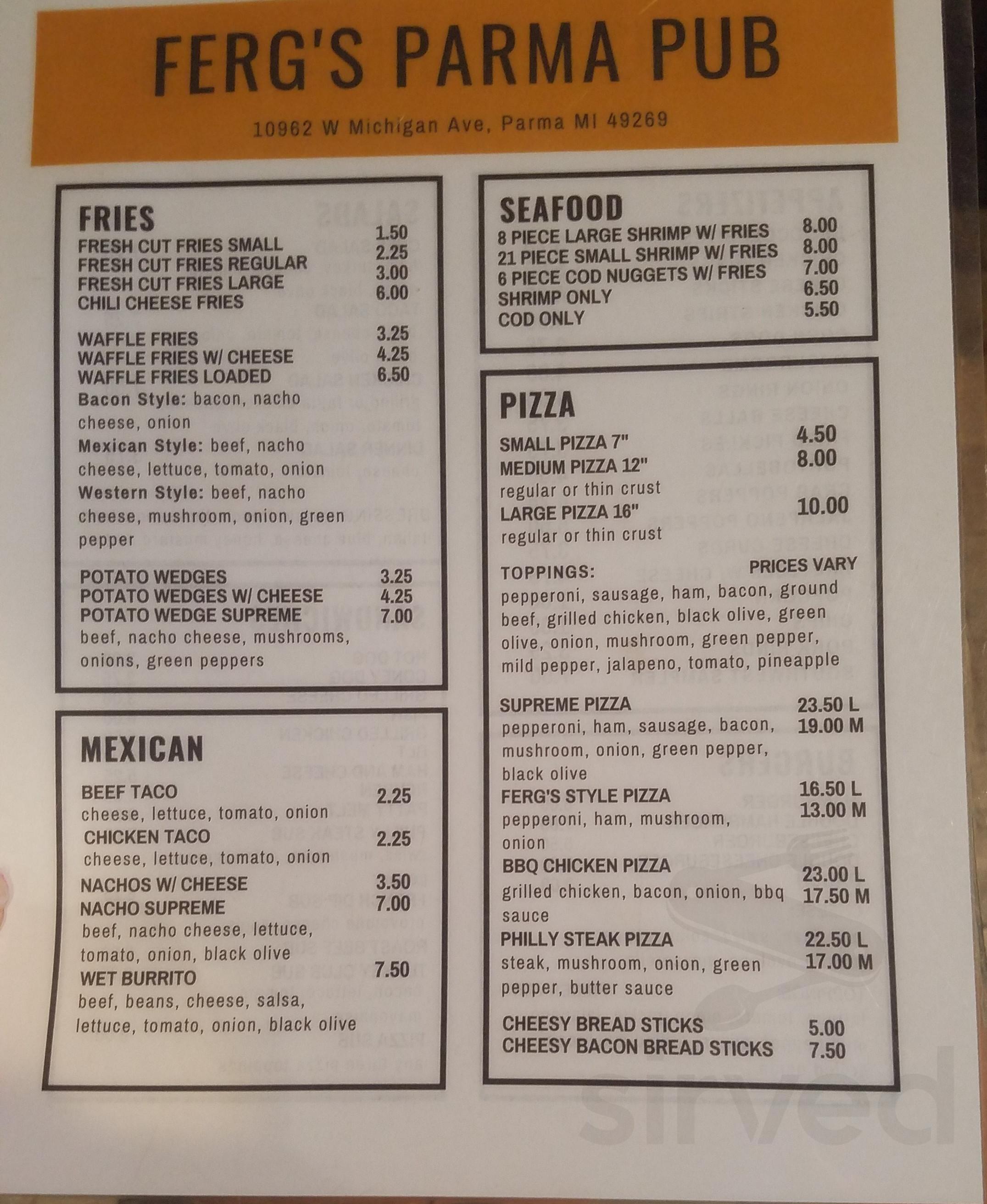 Fergs' Parma Pub menus in Parma, Michigan, United States
