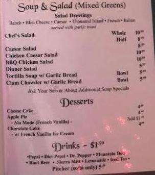 Alpine Pizza menu in Flagstaff, Arizona, USA