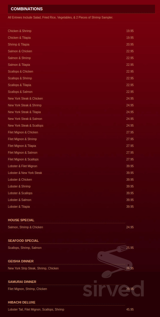 Hibachi Japanese Steak House menu in Dover, Delaware, USA