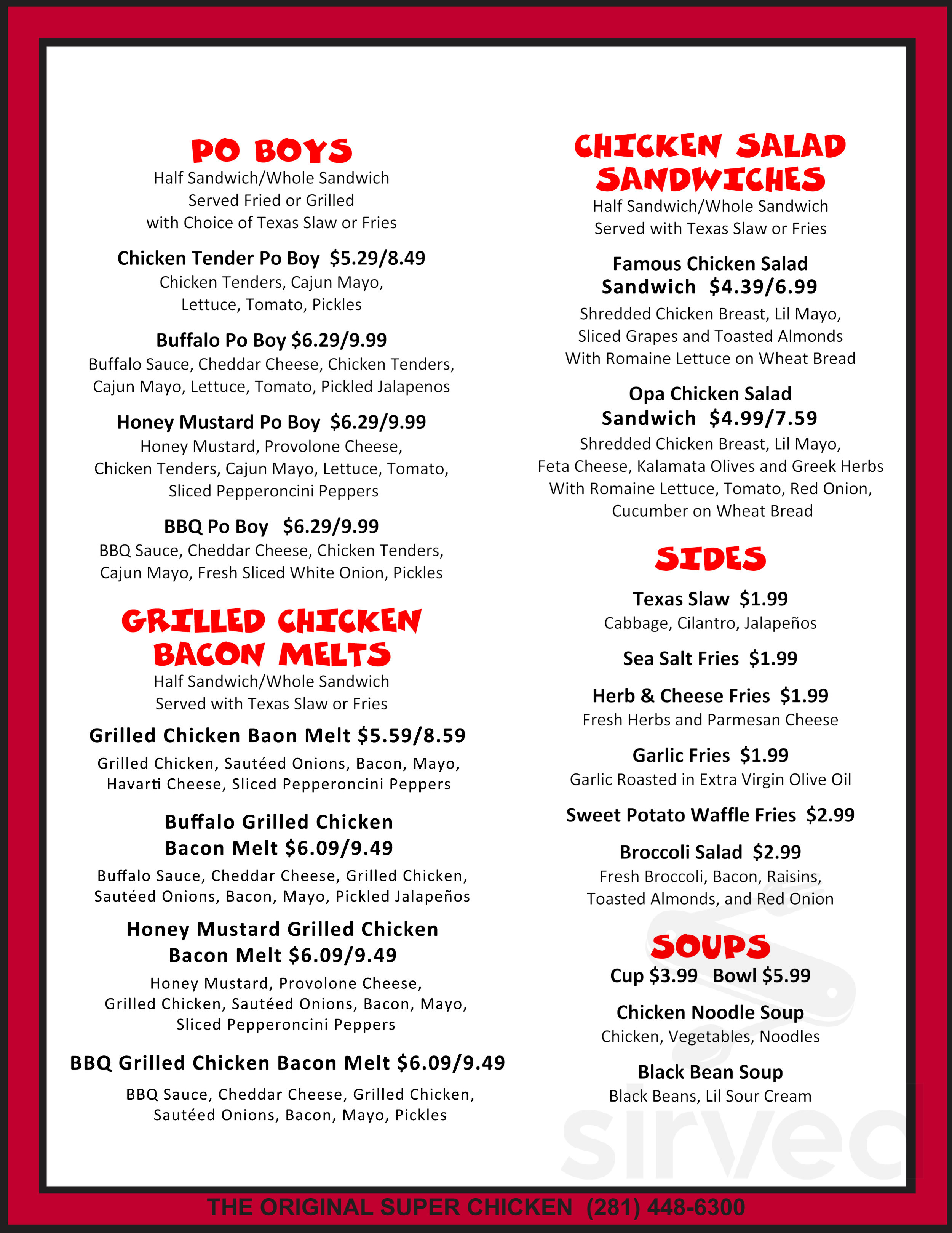 Super Chicken menu in Houston, Texas, USA