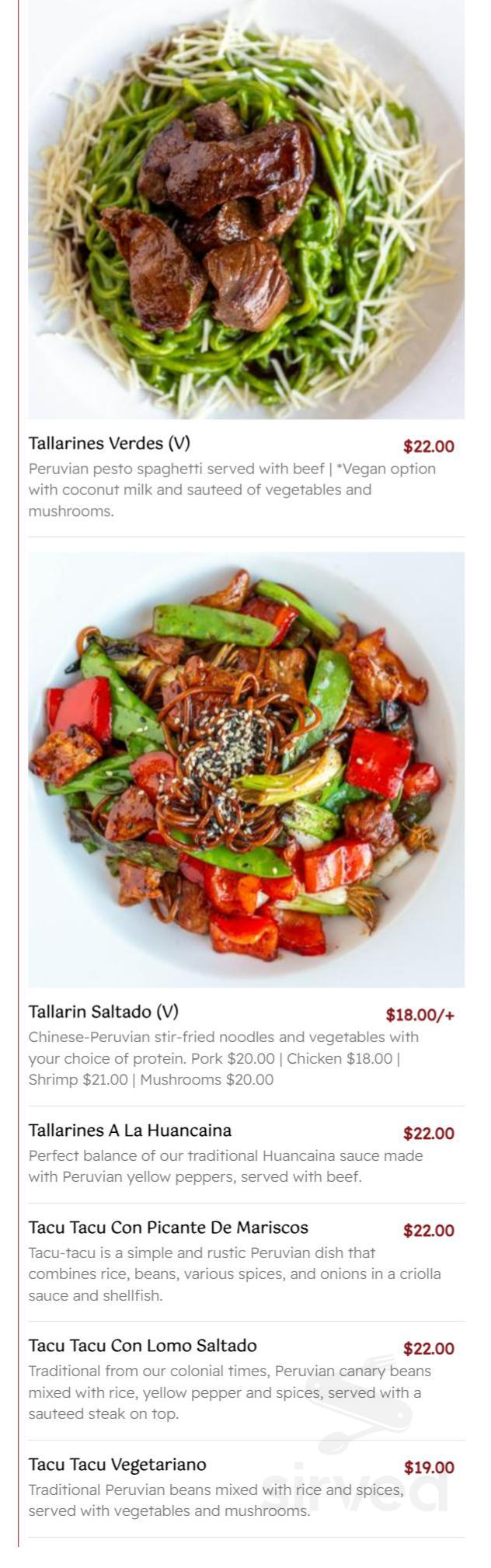 Panka Peruvian Restaurant menu in Des Moines, Iowa, USA