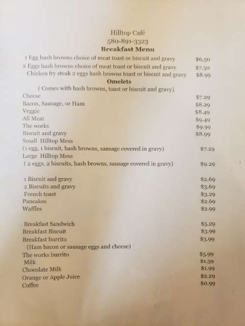 HillTop Cafe menu in Oakwood, Oklahoma, USA