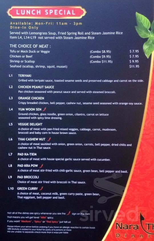 Nara Thai menu in Houston, Texas, USA