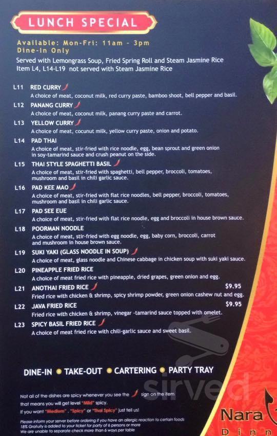 Nara Thai menu in Houston, Texas, USA