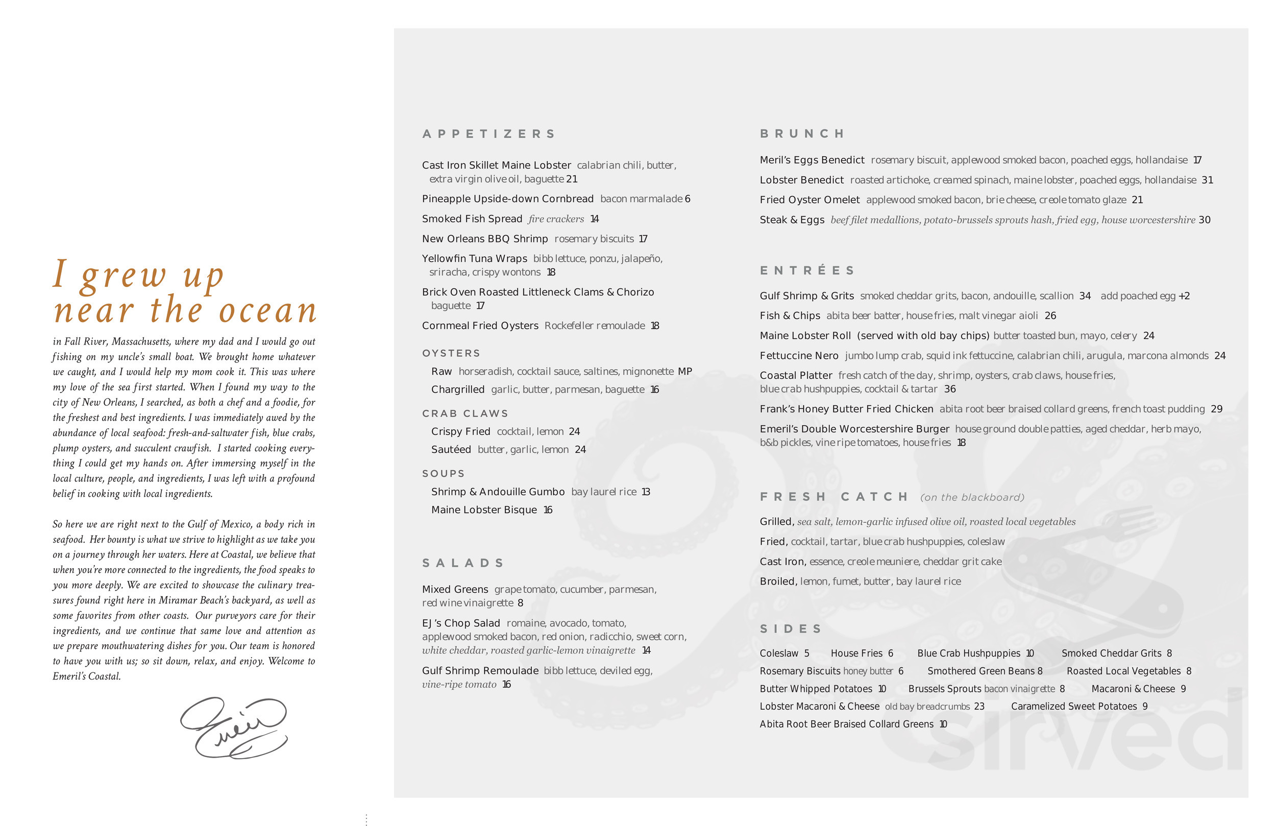 Menu - Miramar Beach FL's Emeril's Coastal | Sirved