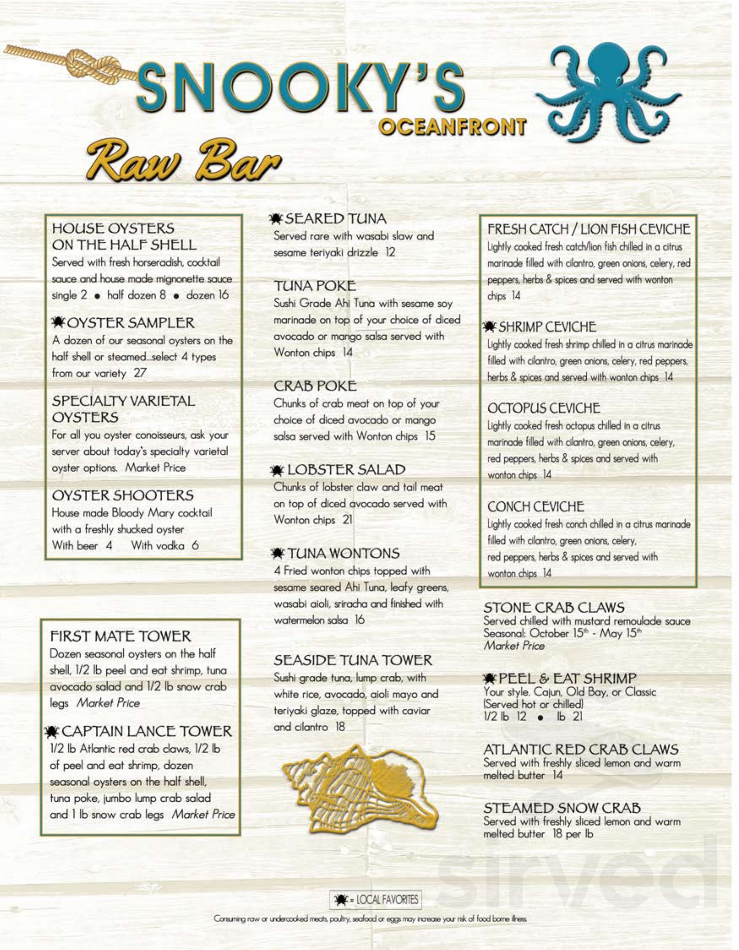 Snooky's Oceanfront menu in North Myrtle Beach, South Carolina, USA