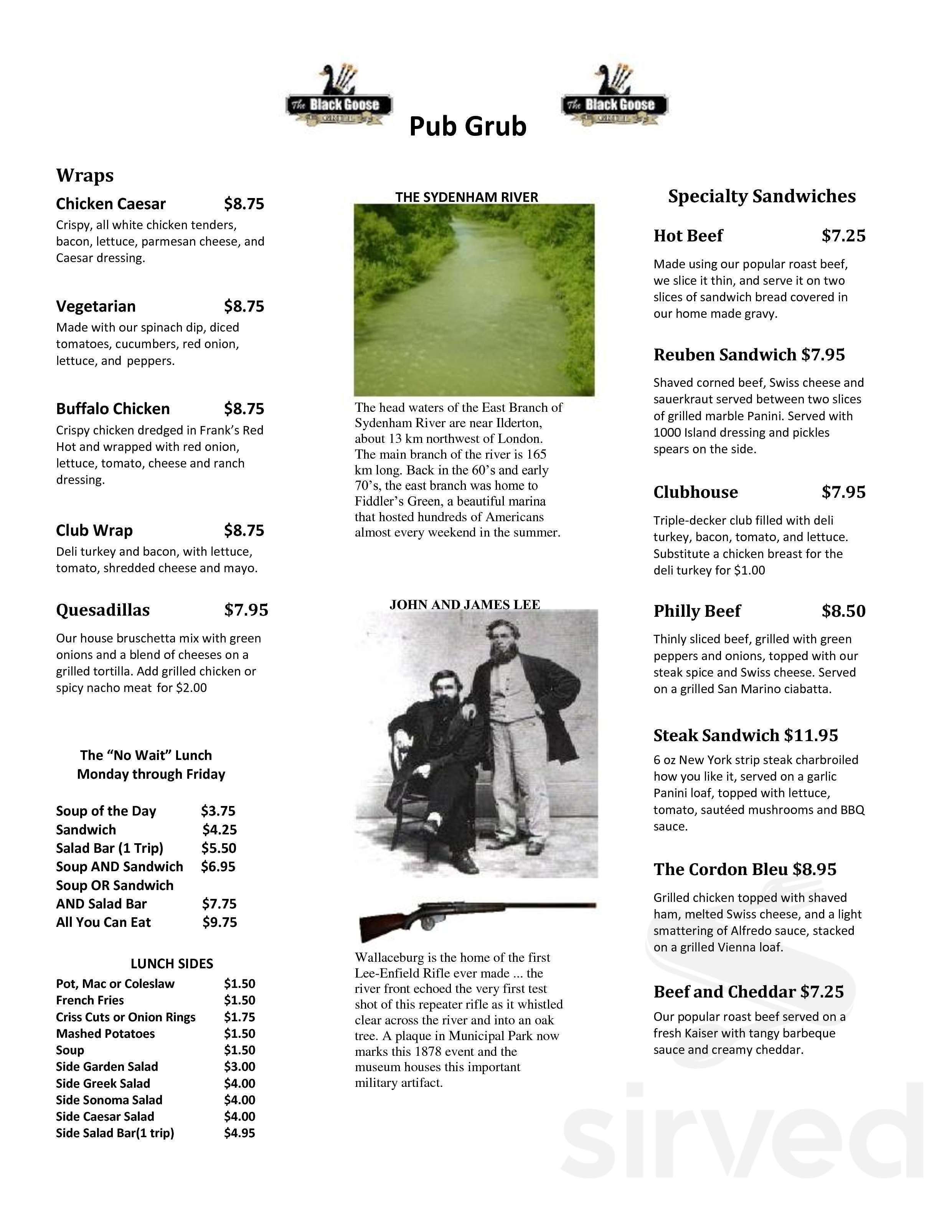 The Black Goose Grill menu in Wallaceburg, Ontario, Canada