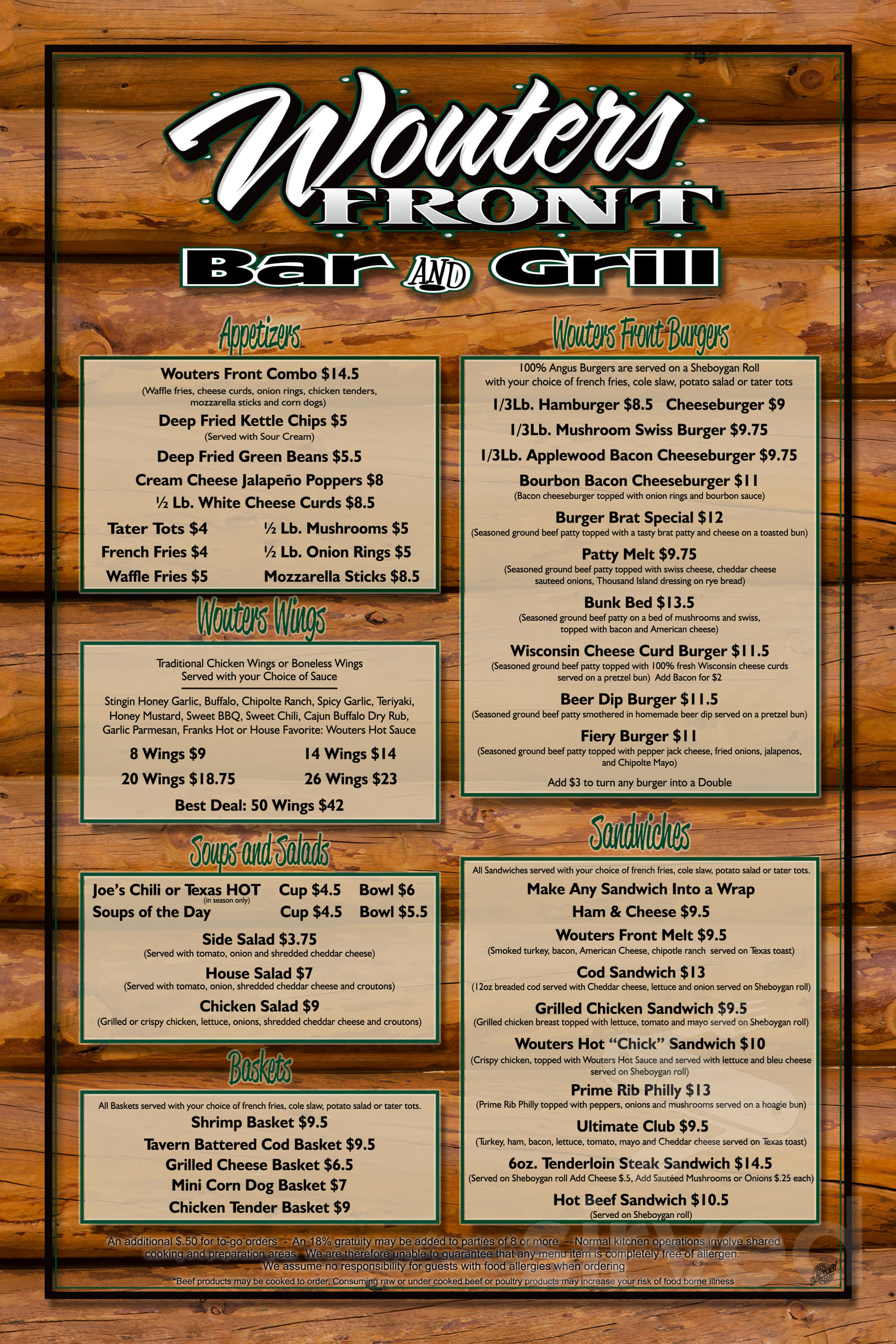 Wouters Front menu in Suamico, Wisconsin, USA