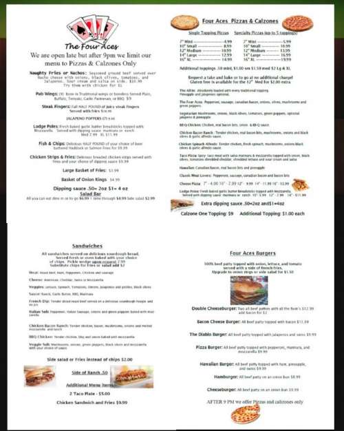 Four Aces Bar menu in Superior, Montana, USA