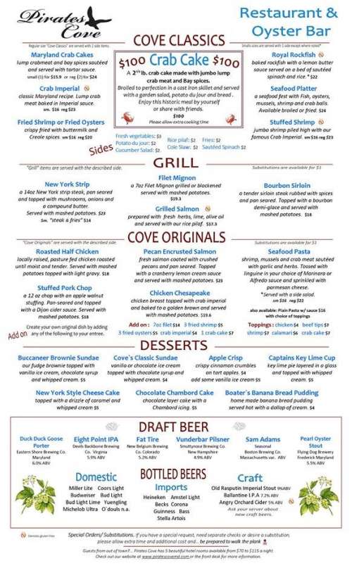 Pirates Cove Restaurant and Dock Bar menu in Galesville, Maryland, USA