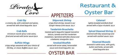 Menu for Pirates Cove Restaurant and Dock Bar in Galesville, MD | Sirved