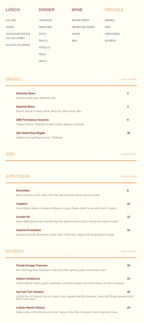 Amelia's Italian Restaurant menu in Gainesville, Florida, USA