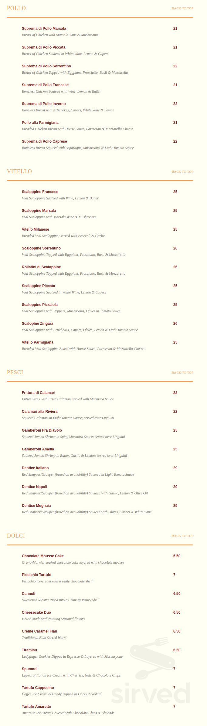 Amelia's Italian Restaurant menu in Gainesville, Florida, USA