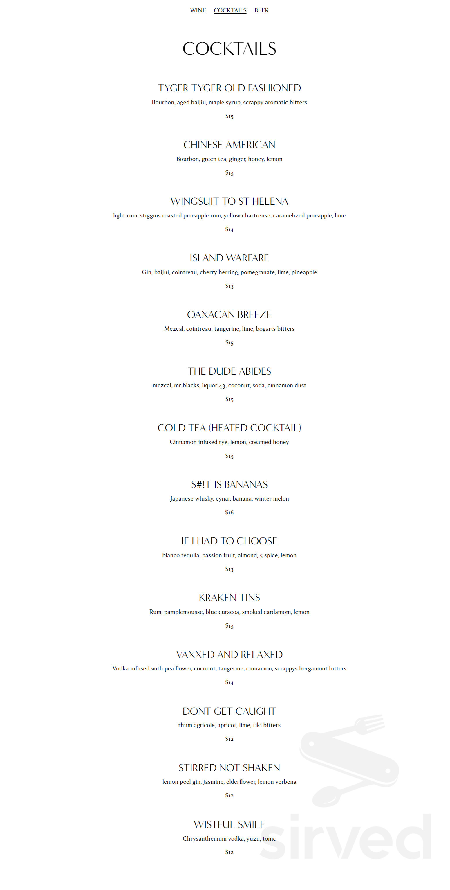 Menu - Seattle WA's Tyger Tyger | Sirved