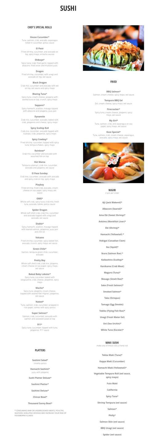 Koze Teppan Grill (West Side) menu in El Paso, Texas, USA