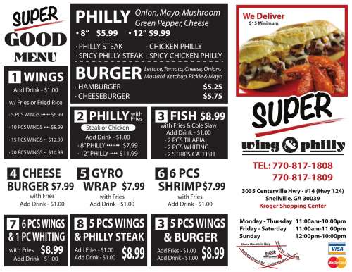 Super Wings and Philly menu in Snellville, Georgia, USA