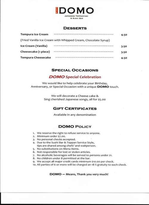 Domo Japanese Steakhouse & Sushi Bar menu in Fleming Island, Florida, USA