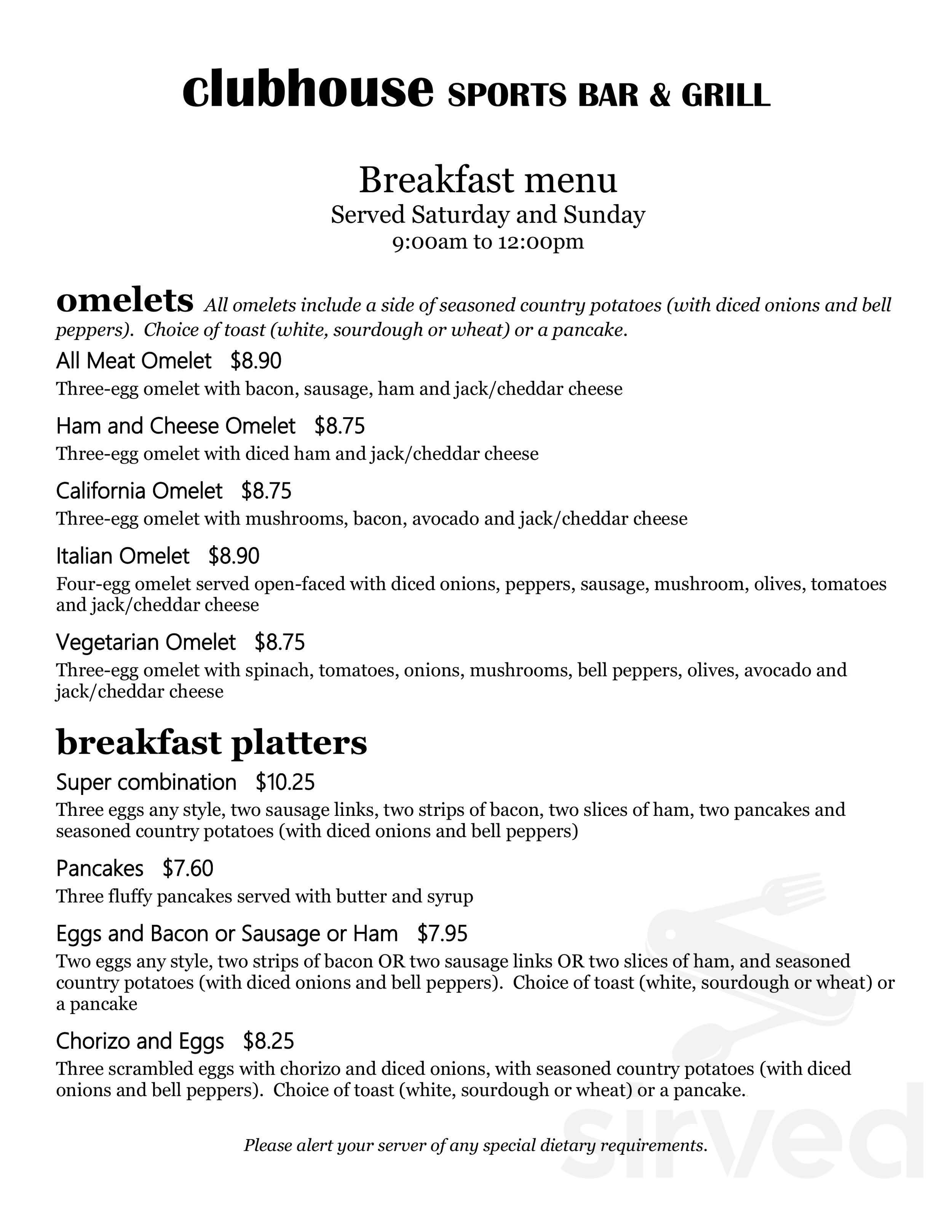 The Clubhouse Bar & Grill menu in Carmichael, California, USA