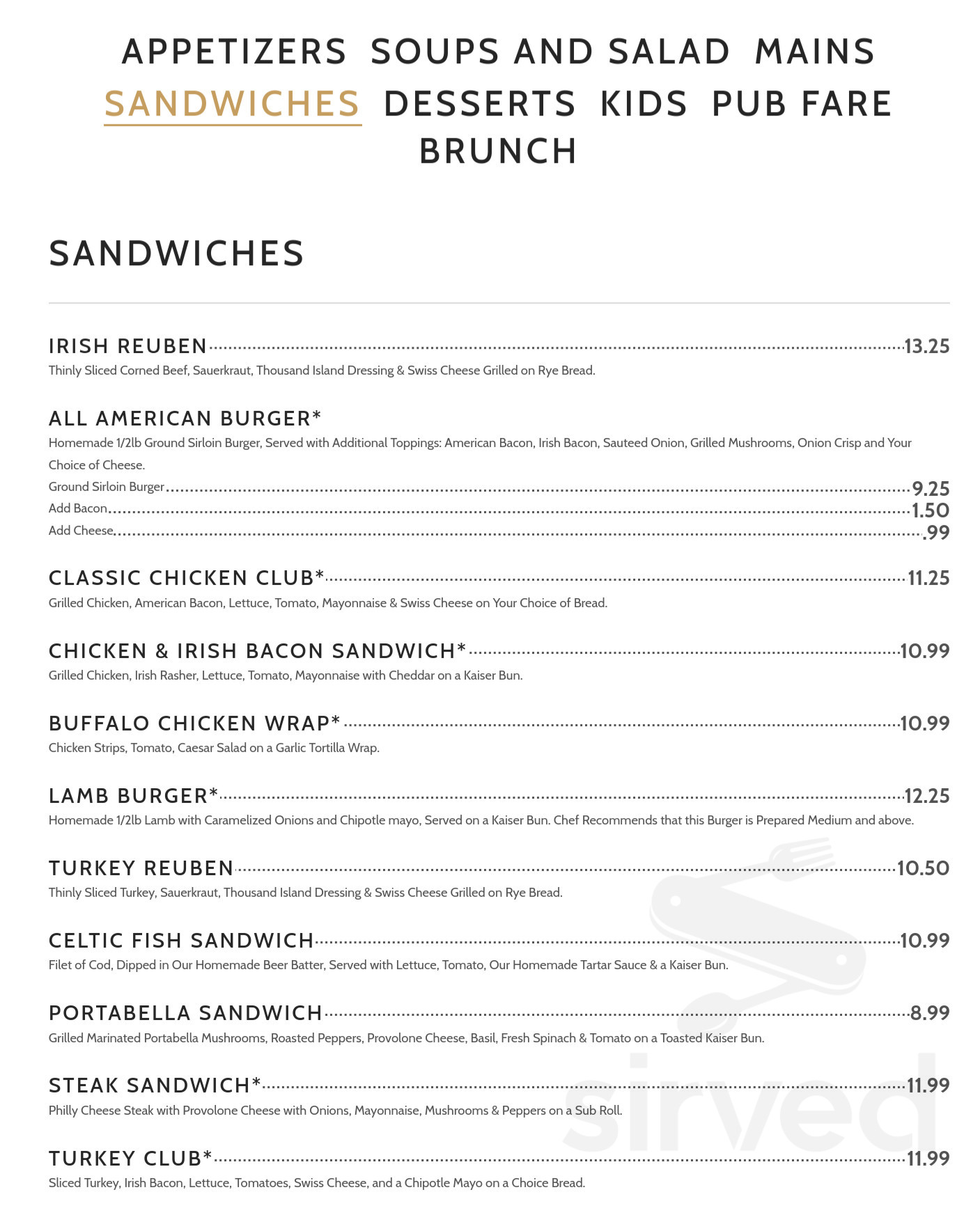 Menu - Arlington VA's The Celtic House Irish Pub & Restaurant | Sirved