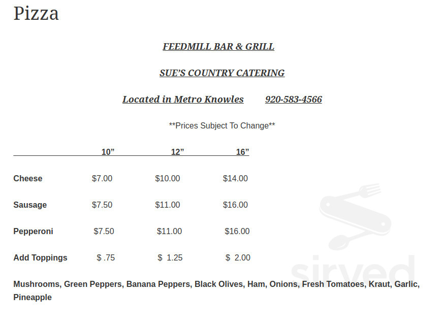 Feed Mill Bar & Grill menus in Lomira, Wisconsin, United States