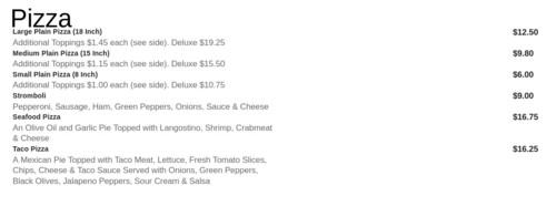 The Bistro menu in Johnstown, Pennsylvania, USA