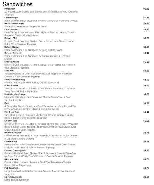 The Bistro menu in Johnstown, Pennsylvania, USA