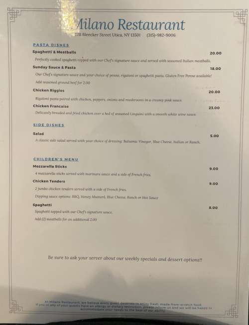 Milano Restaurant menu in Utica, New York, USA