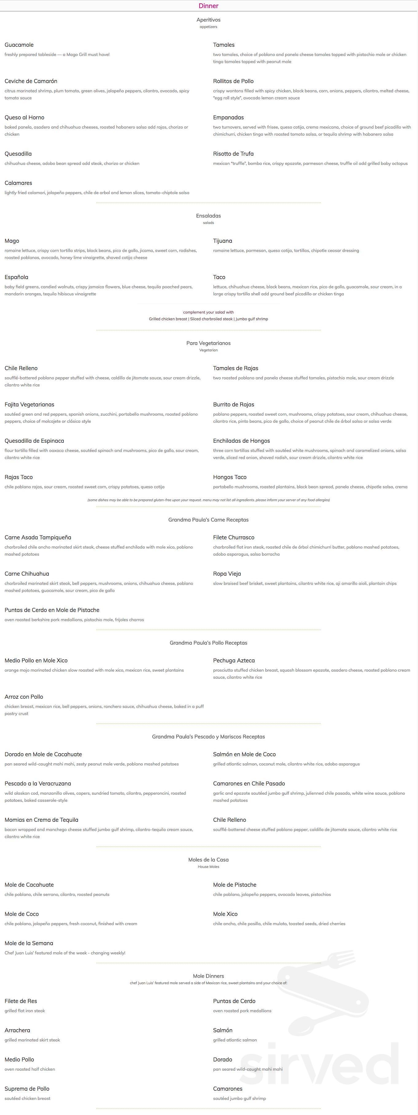 Mago Grill & Cantina menu in South Barrington, Illinois, USA