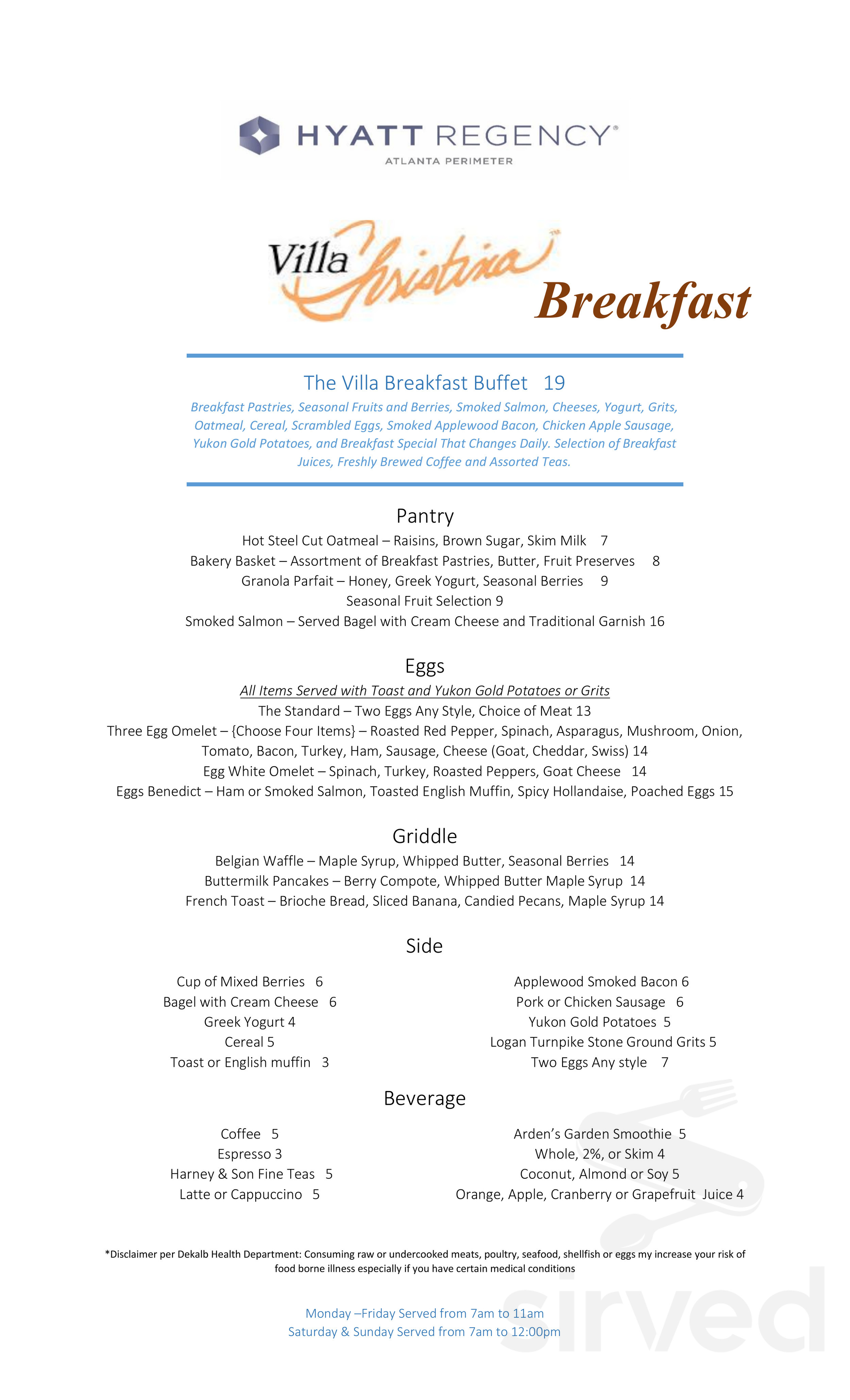 Villa Christina Restaurant menu in Atlanta, Georgia, USA