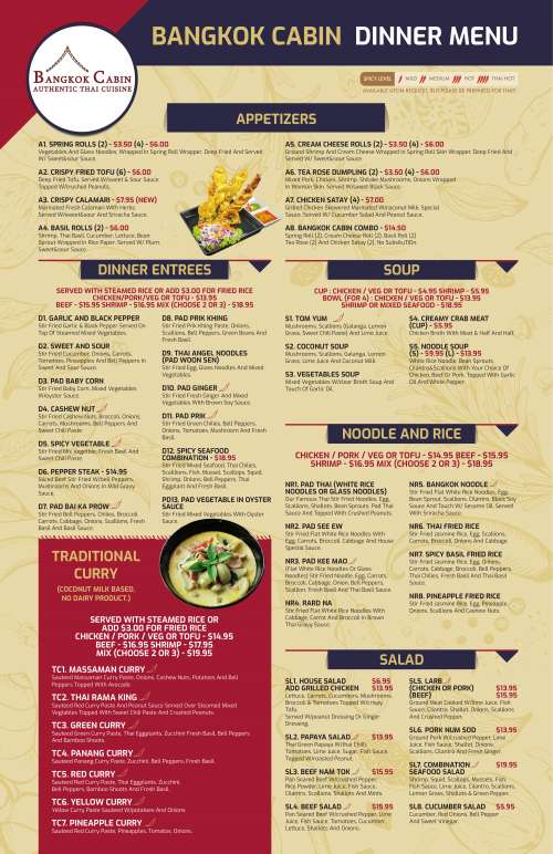 Bangkok Cabin menu in Kennesaw, Georgia, USA