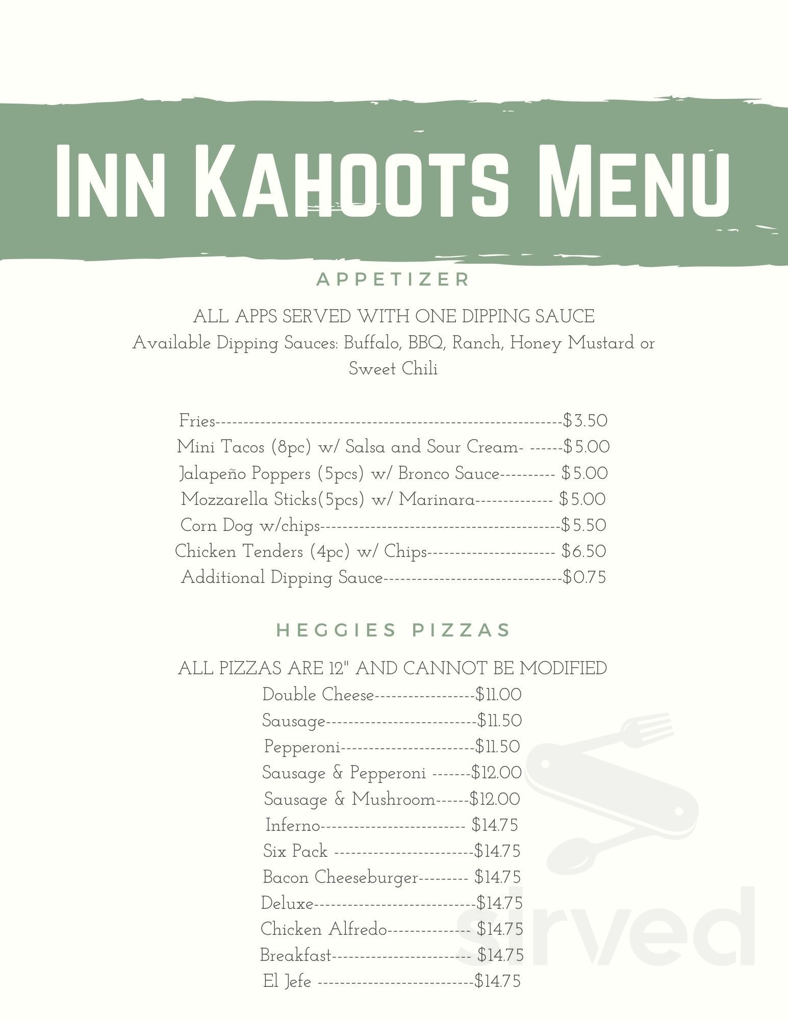 Menu for Inn Kahoots in Hamel, MN | Sirved