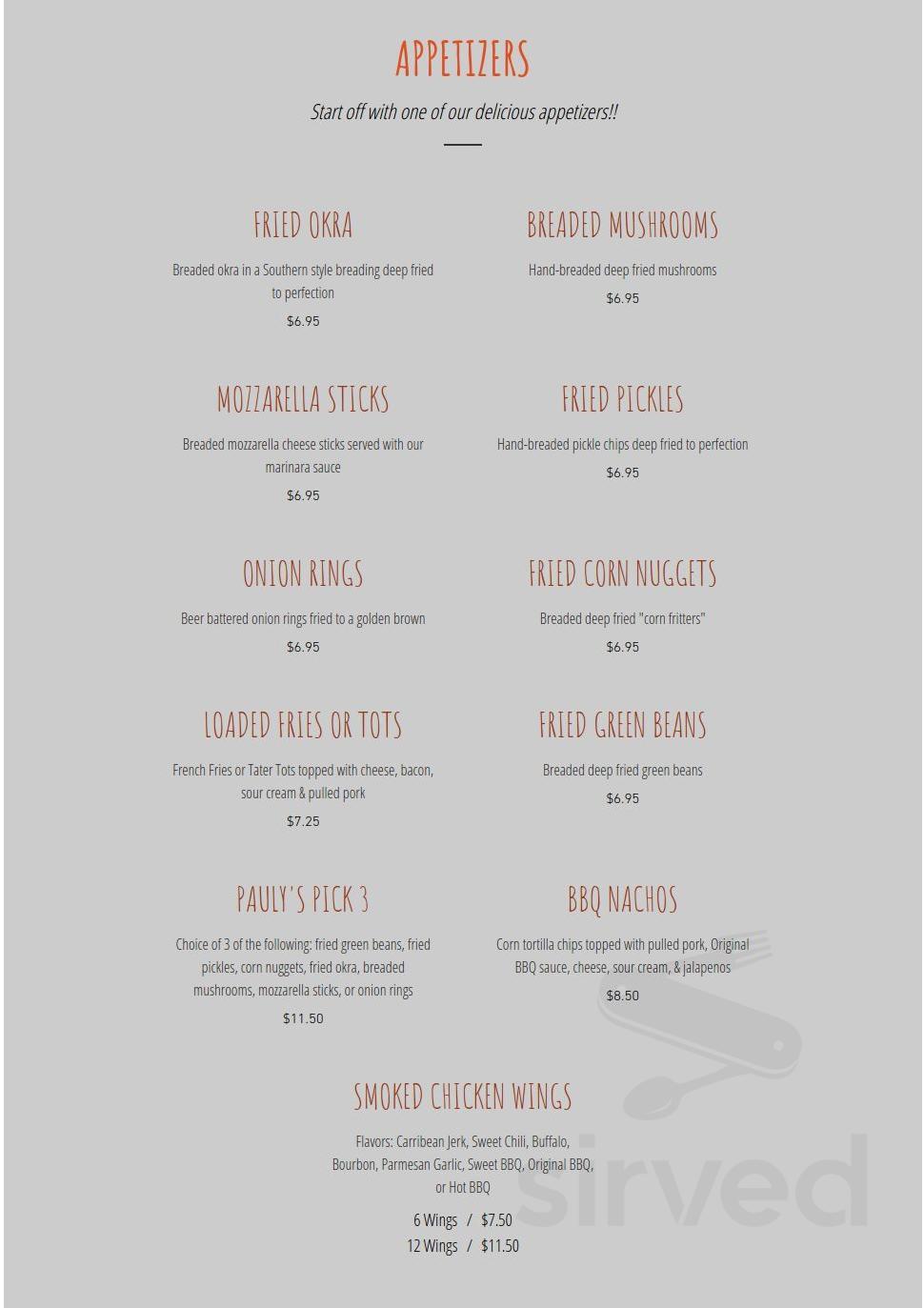 Pauly's BBQ menu in Arthur, Illinois, USA
