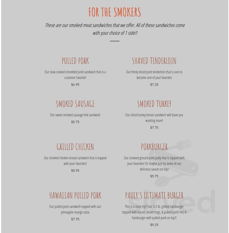 Pauly's BBQ menu in Arthur, Illinois, USA