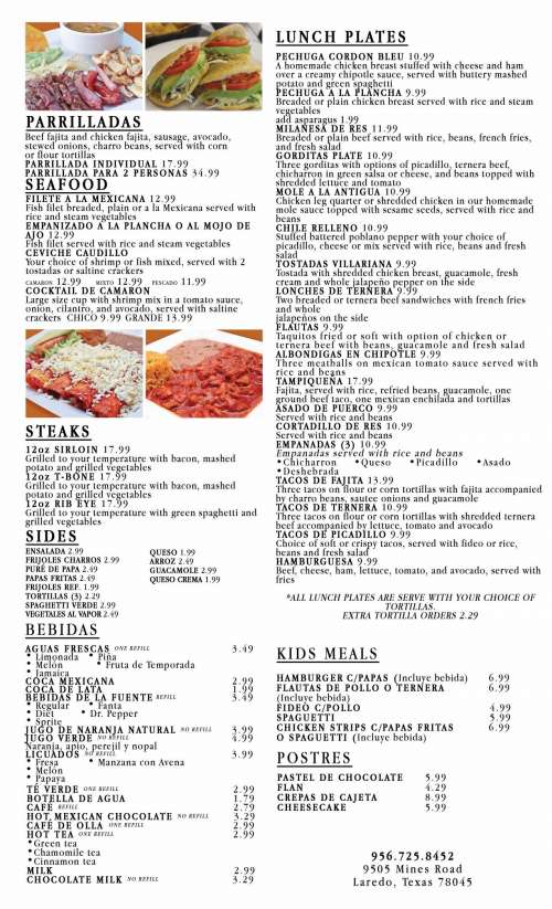 Villa Antigua Grill menu in Laredo, Texas, USA