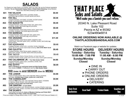 That Place Subs and Salads menu in Peoria, Arizona, USA