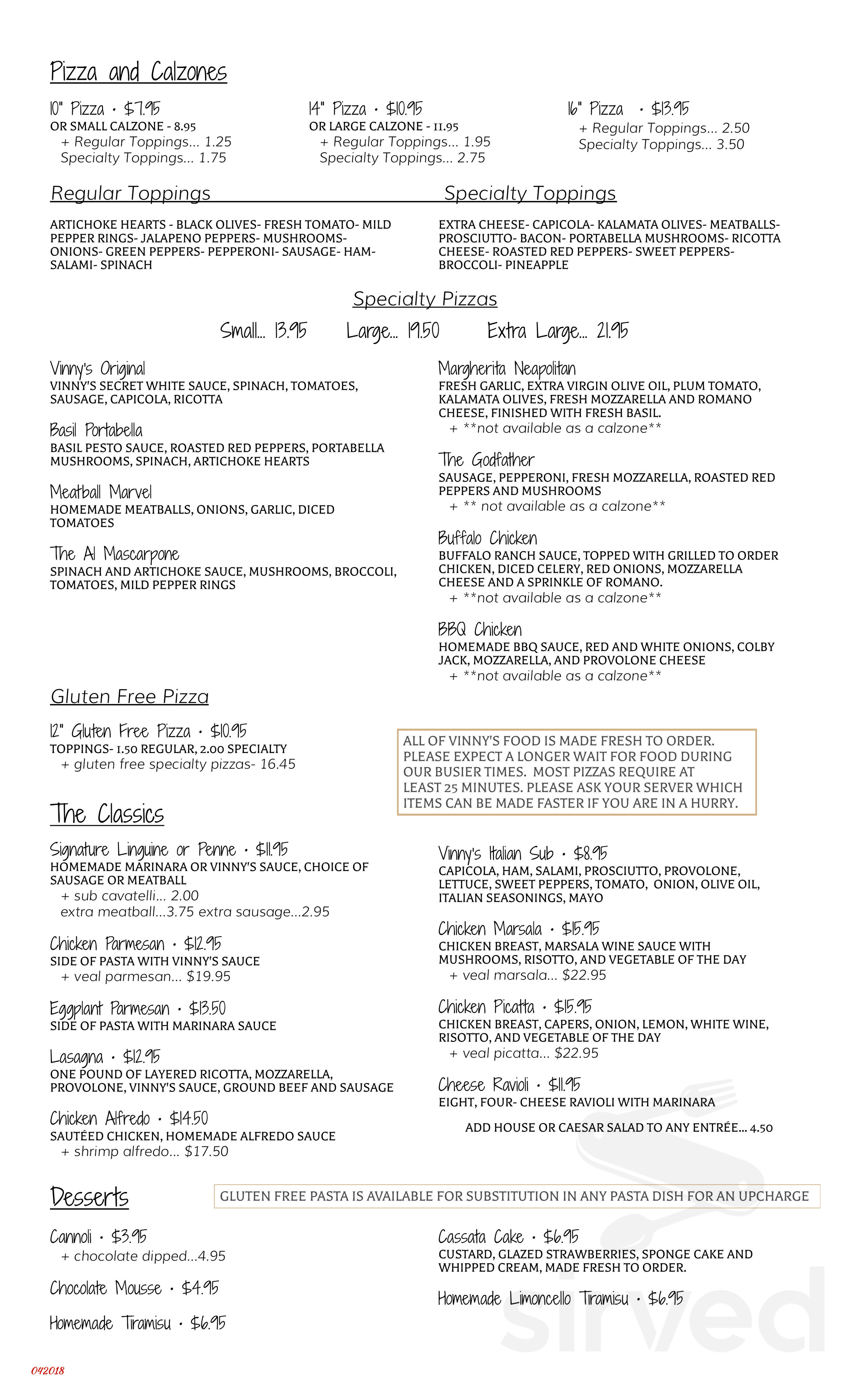 Menu - Middlefield OH's Vinny’s Italian Kitchen | Sirved