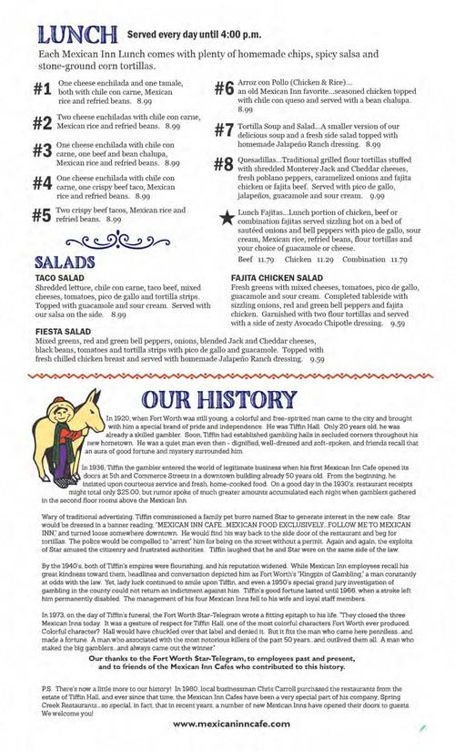 Mexican Inn Cafe menu in Fort Worth, Texas, USA