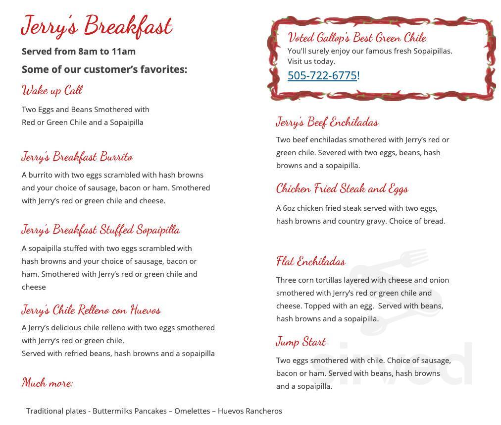 Menu for Jerry's Cafe in Gallup, NM | Sirved